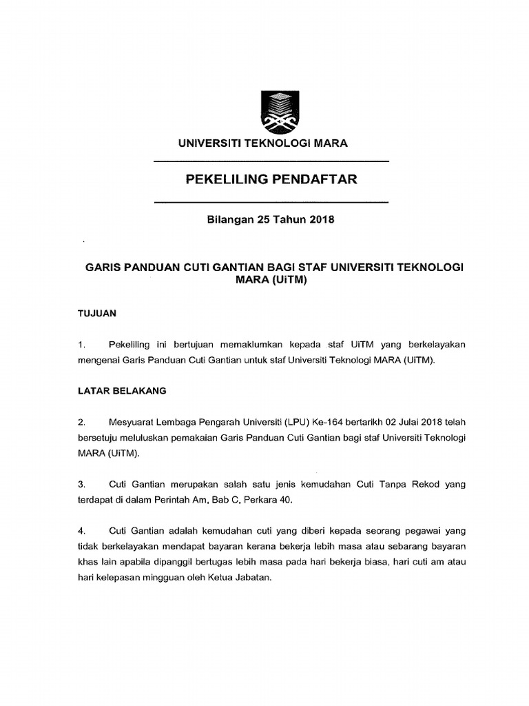 Garis Panduan Cuti Gantian Bagi Staf UiTM PDF | PDF