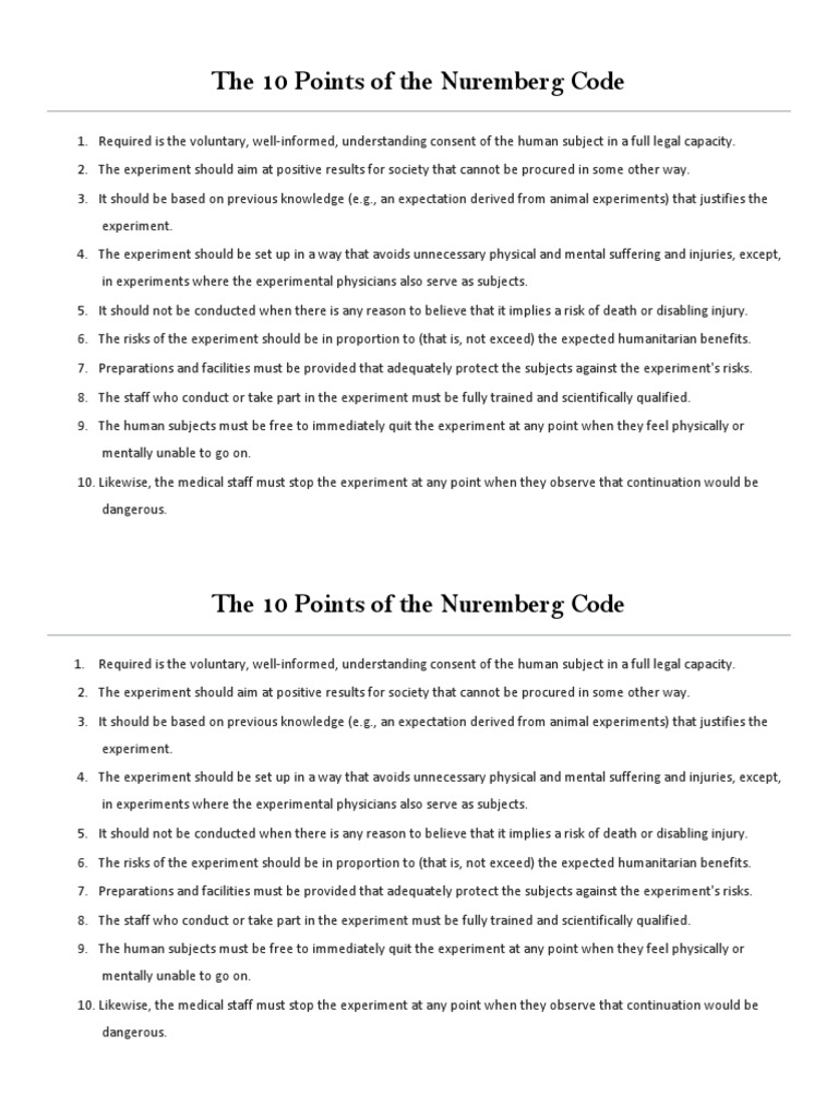 Nuremberg Code | PDF | Consent | Experiment