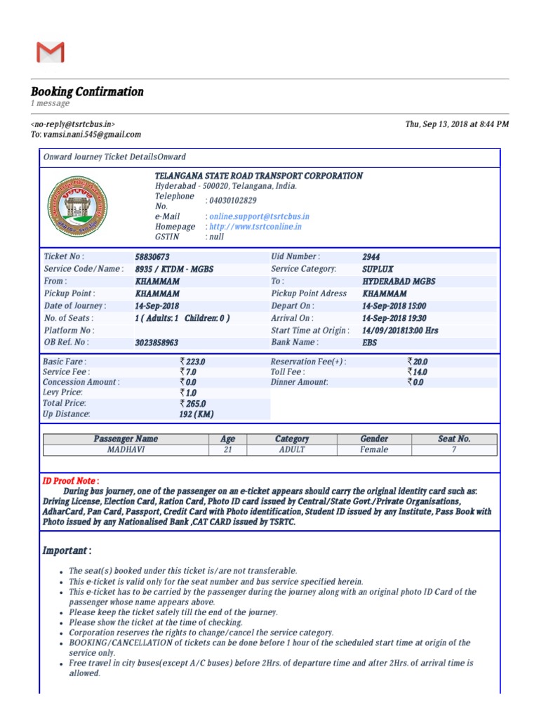 Gmail - Booking Confirmation PDF | PDF | Ticket (Admission) | Identity Document