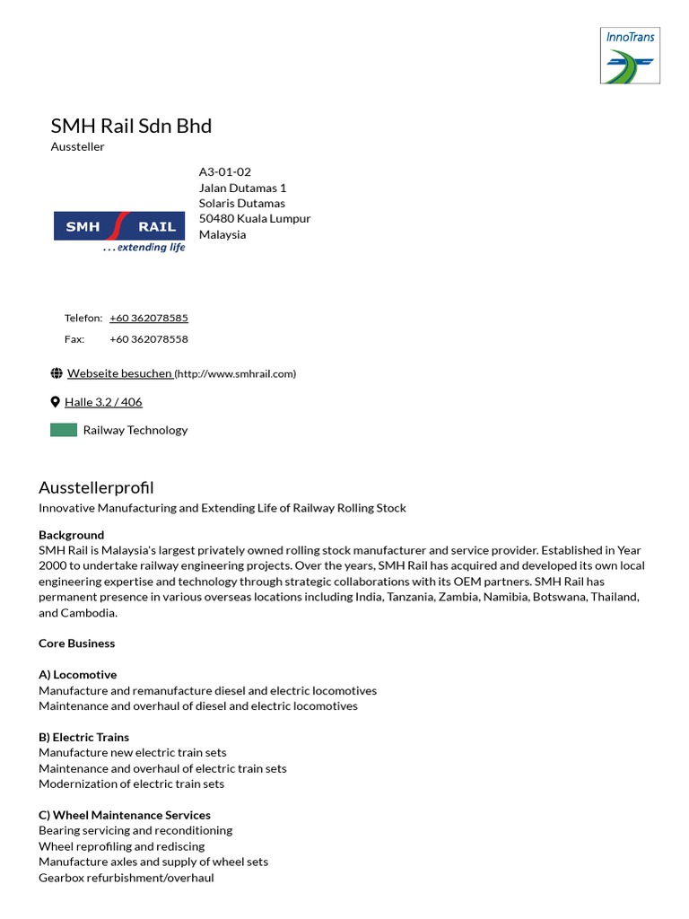 SMH Rail SDN BHD - InnoTrans - Aussteller | PDF | Locomotives | Rail ...