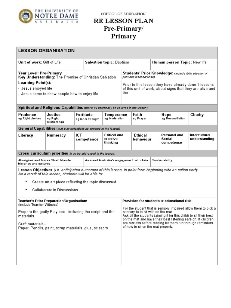Re Lesson Plan Pre-Primary/ Primary | PDF | Jesus | Prayer