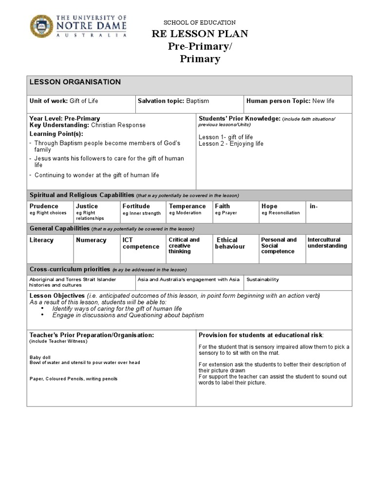 Re Lesson Plan Pre-Primary/ Primary | PDF | Baptism
