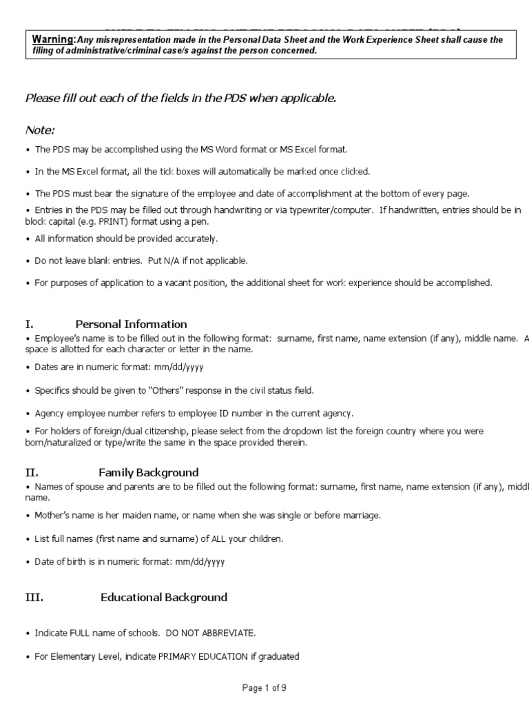 Guide To Filling Out The Personal Data Sheet (PDS) : Warning | PDF ...