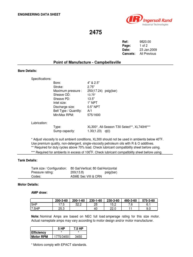 Ingersoll Rand Compressor - 2475 Engineering Data Sheets | Horsepower ...