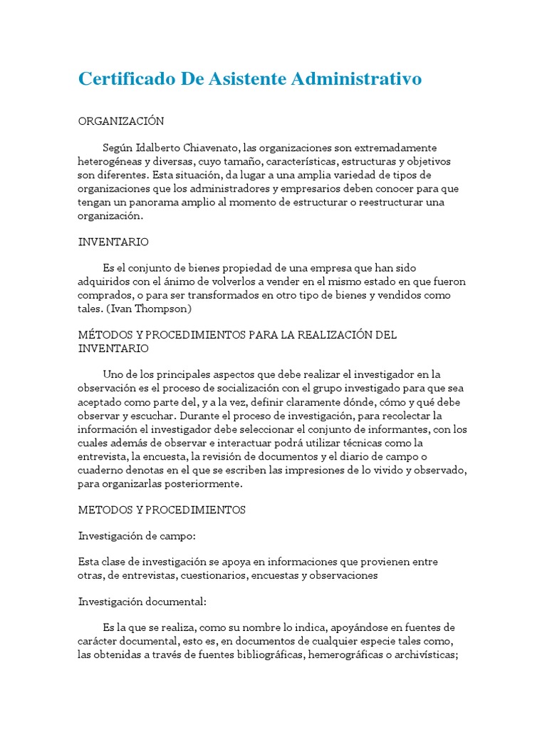 Certificado de Asistente Administrativo | PDF | Cuestionario