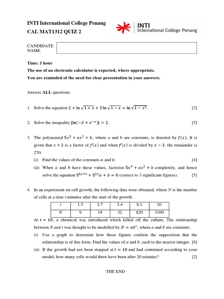 A Level Maths Paper 3 Exponential and Logarithmic Quiz | PDF ...