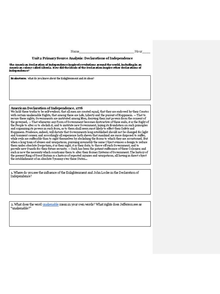 Unit 2 Primary Source Analysis Declarations of Independence | PDF ...
