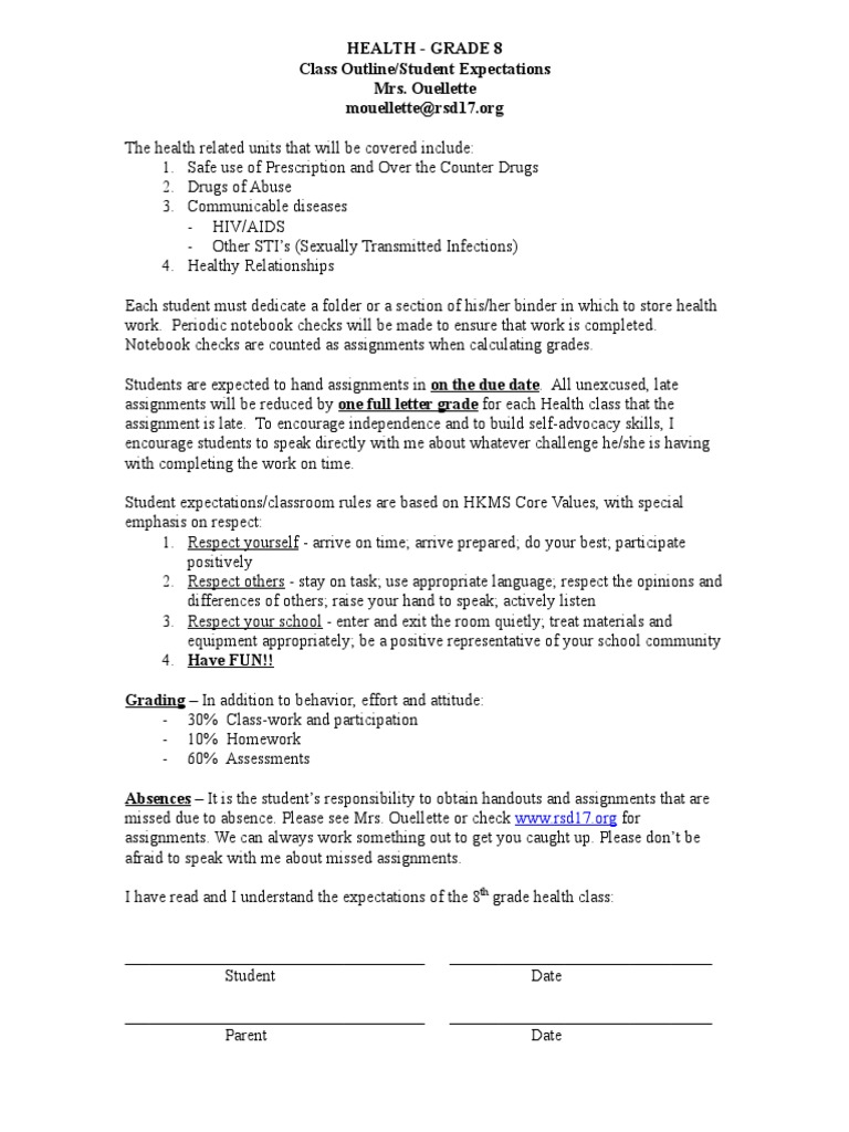 8th Grade Health Expectations | PDF | Wellness