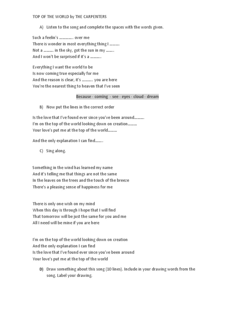 Top of the World Song Activities | PDF