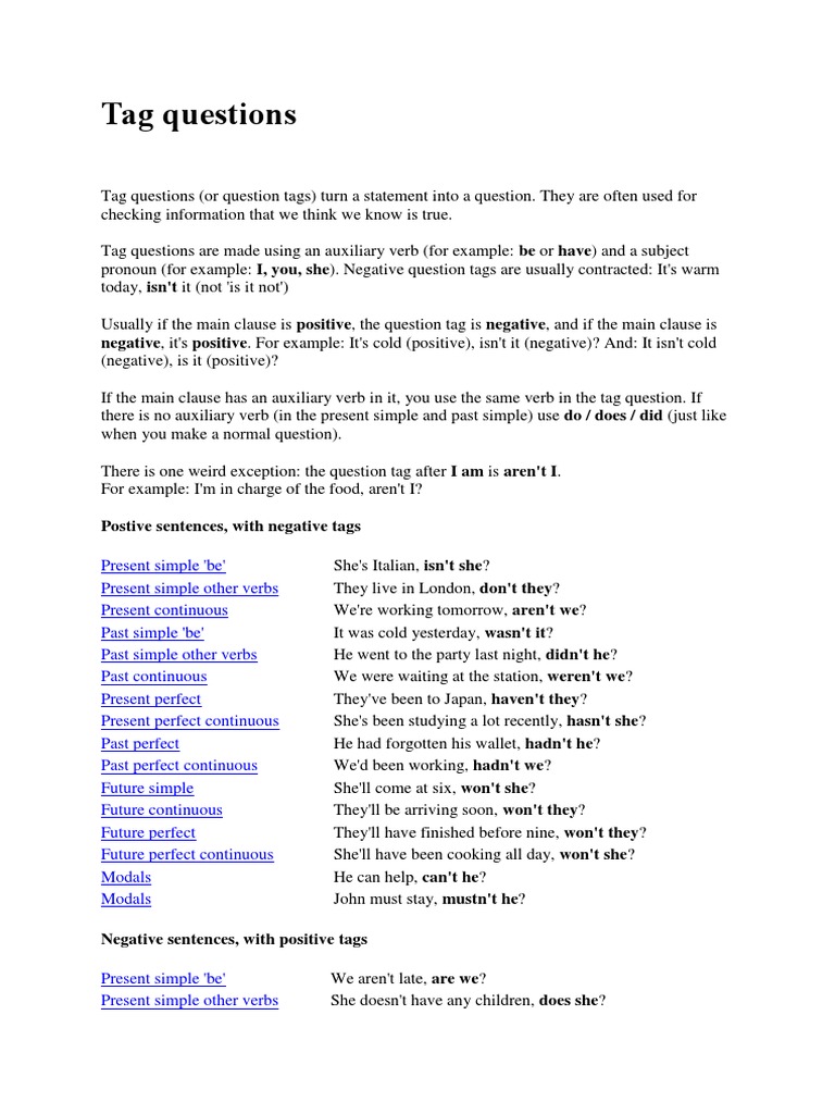 Tag Questions | PDF | Question | Verb