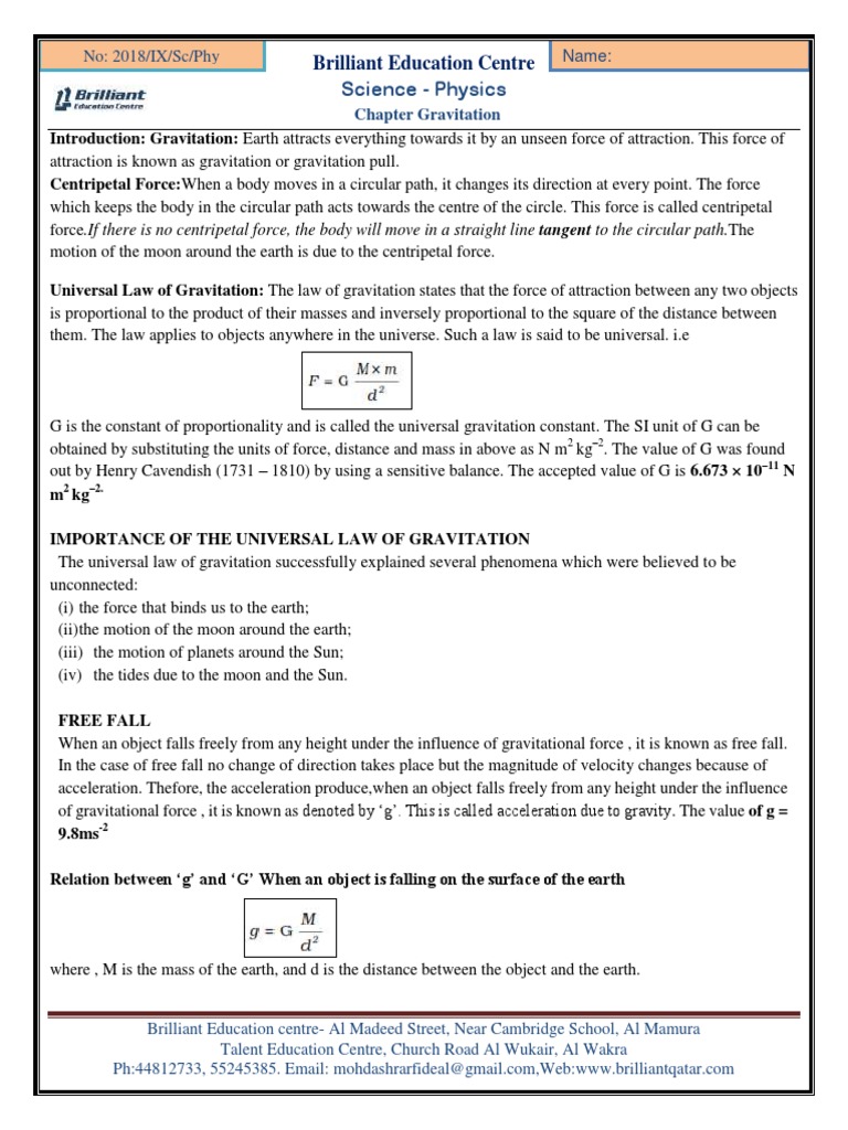 Brilliant Education Centre Science Physics Pdf Mass Gravity