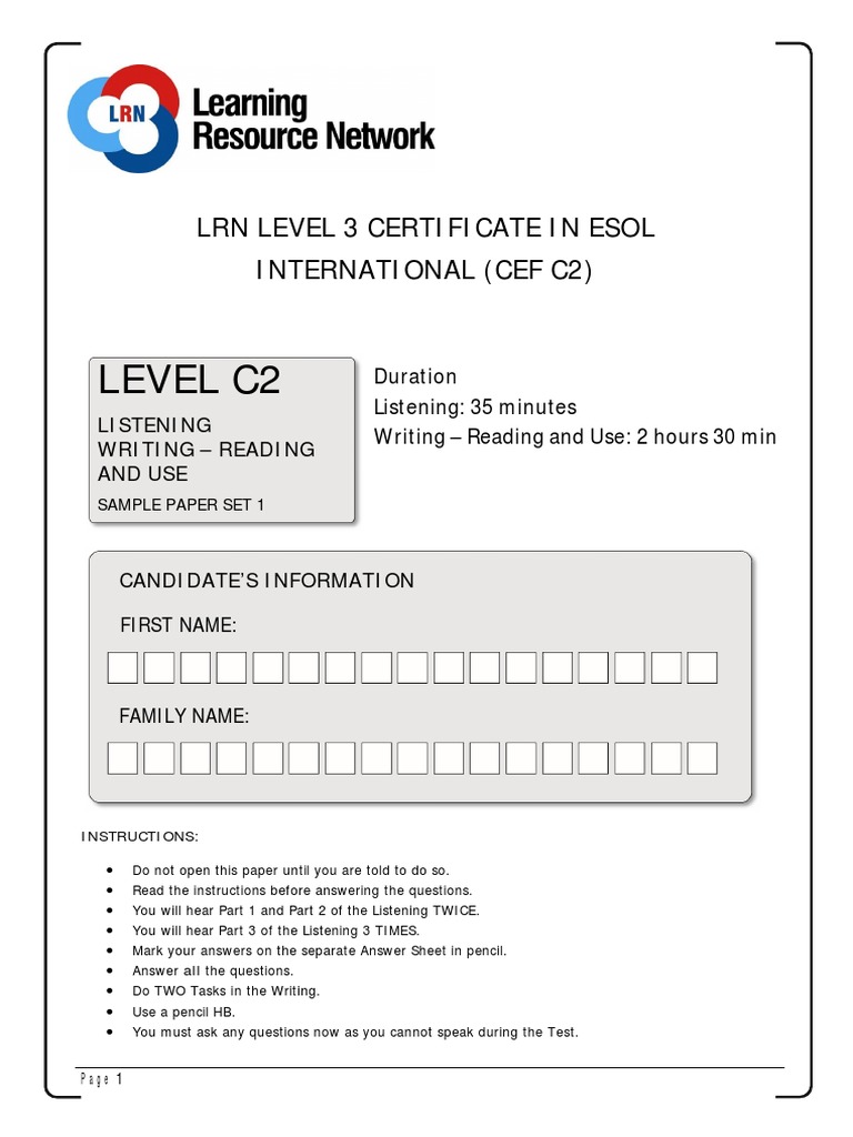 LRN - LEVEL 3 CERTIFICATE IN ESOL INTERNATIONAL CEF C2 - LISTENING ...
