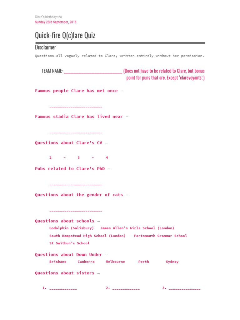 Quick-Fire Q (C) Lare Quiz: Disclaimer | PDF