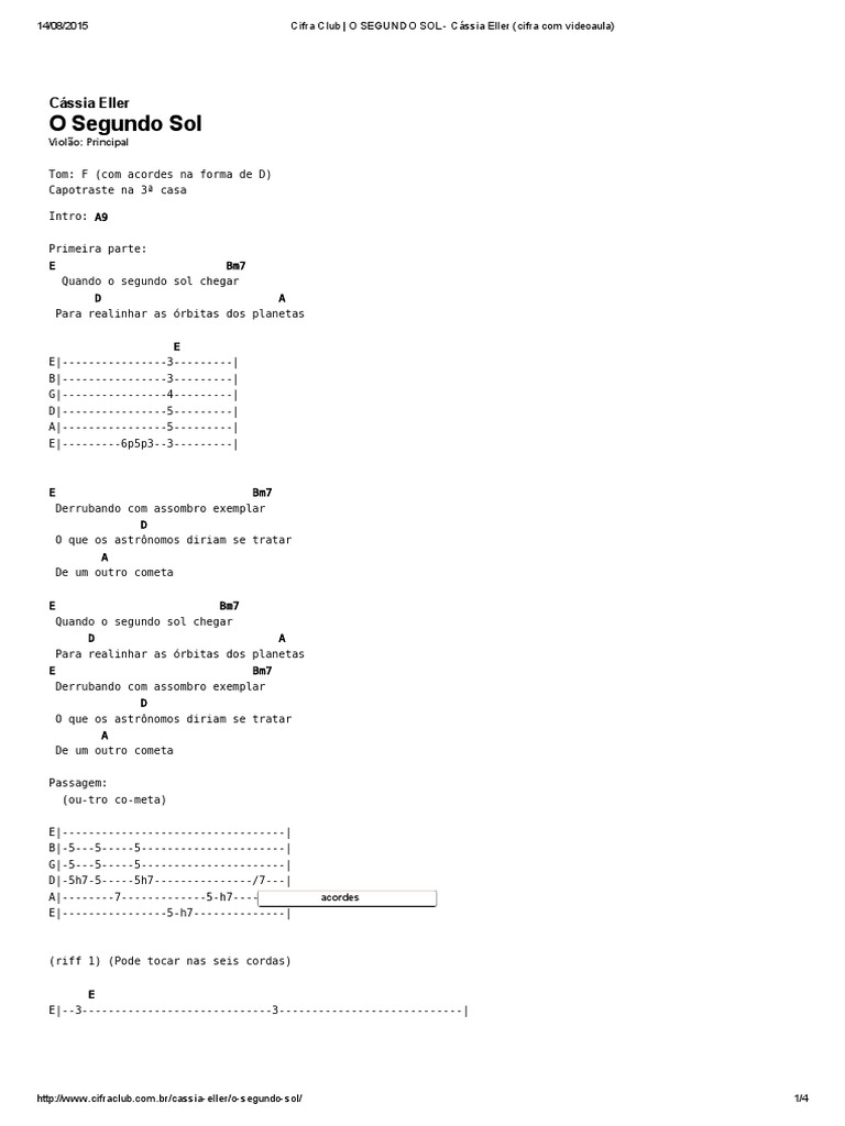 Cifra Club - O SEGUNDO SOL - Cássia Eller (Cifra Com Videoaula) PDF ...