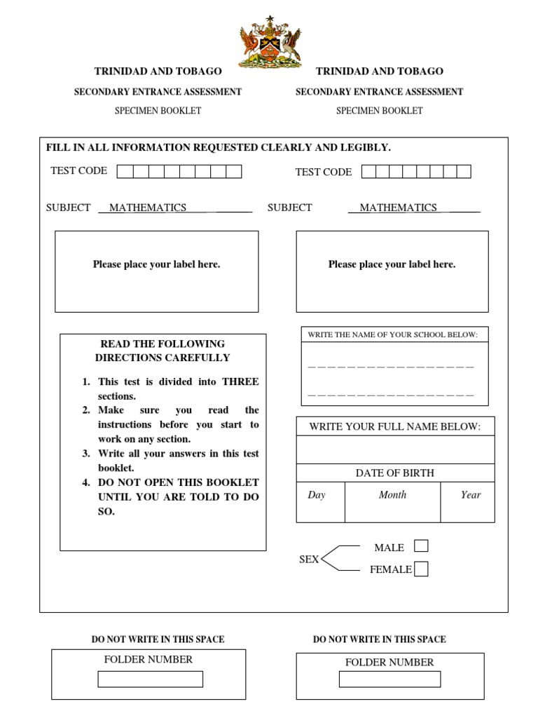 SEA Math Specimen for Students | PDF | Teaching Mathematics
