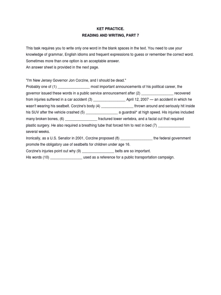 One Exercise Ket Reading and Writing Part 7 | PDF