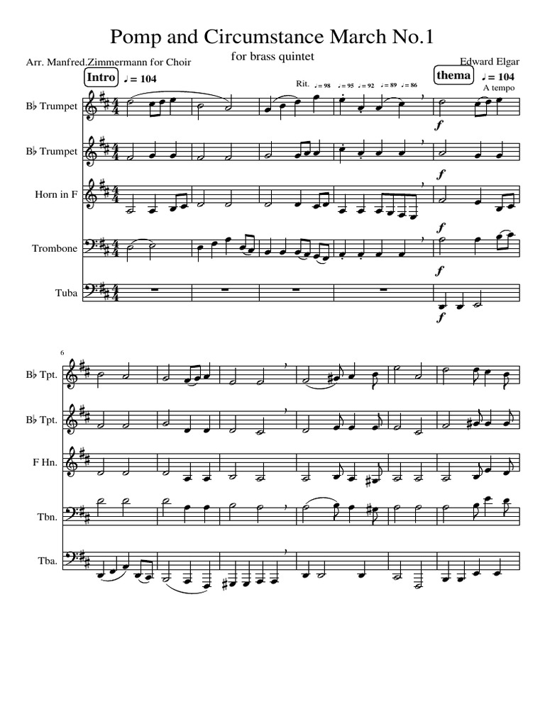 Pomp and Circumstance For Brass Quintet | PDF | Edward Elgar | Music ...