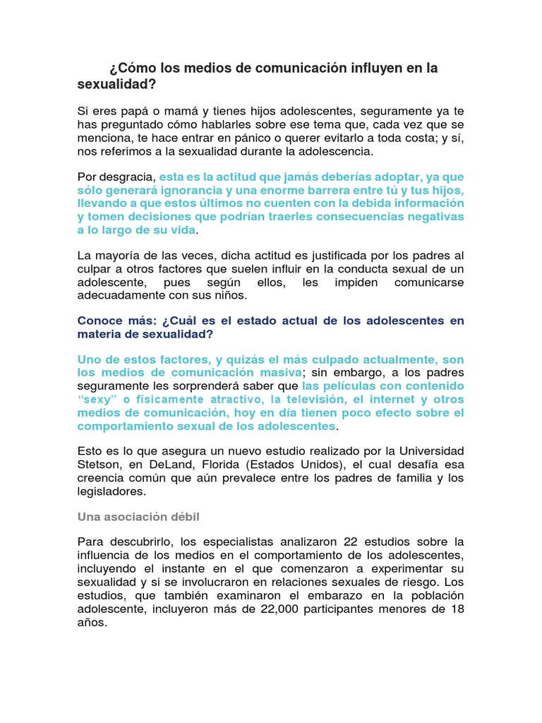 Cómo Los Medios De Comunicación Influyen En La Sexualidad Pdf