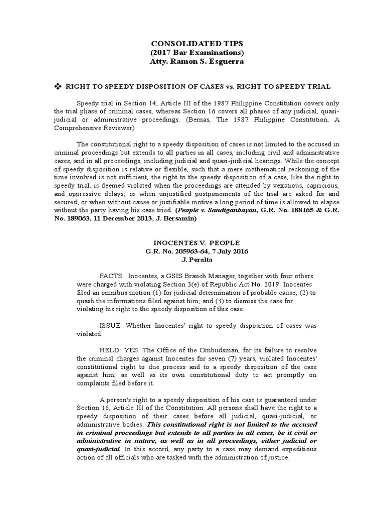 Consolidated Tips (2017 Bar Examinations) Atty. Ramon S. Esguerra | PDF ...