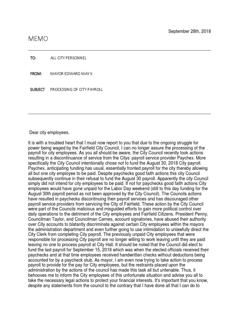 Memo To City Employees Regarding Payroll Revised | PDF | Paycheck | Payroll