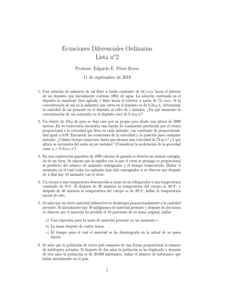 Ejercicios EDO-aplicaciones PDF | PDF | sal | Velocidad