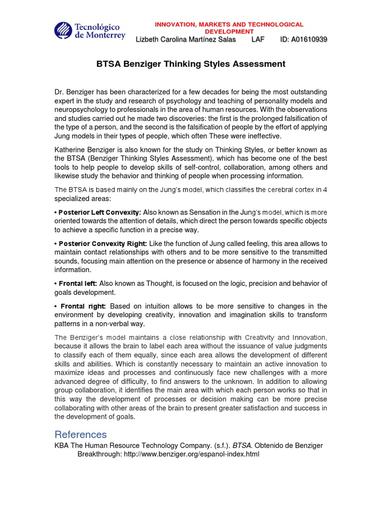 BTSA Benziger Thinking Styles Assessment | PDF | Thought | Creativity