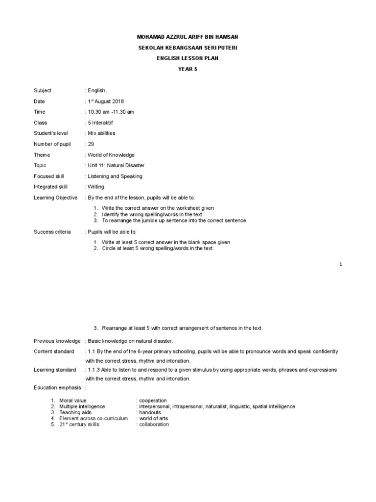 Natural Disaster Lesson Plan | PDF | Natural Disasters | Intelligence
