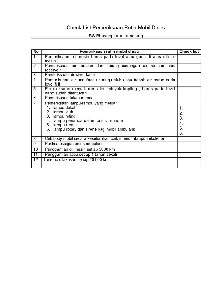 Check List Pemeriksaan Rutin Mobil Dinas | PDF