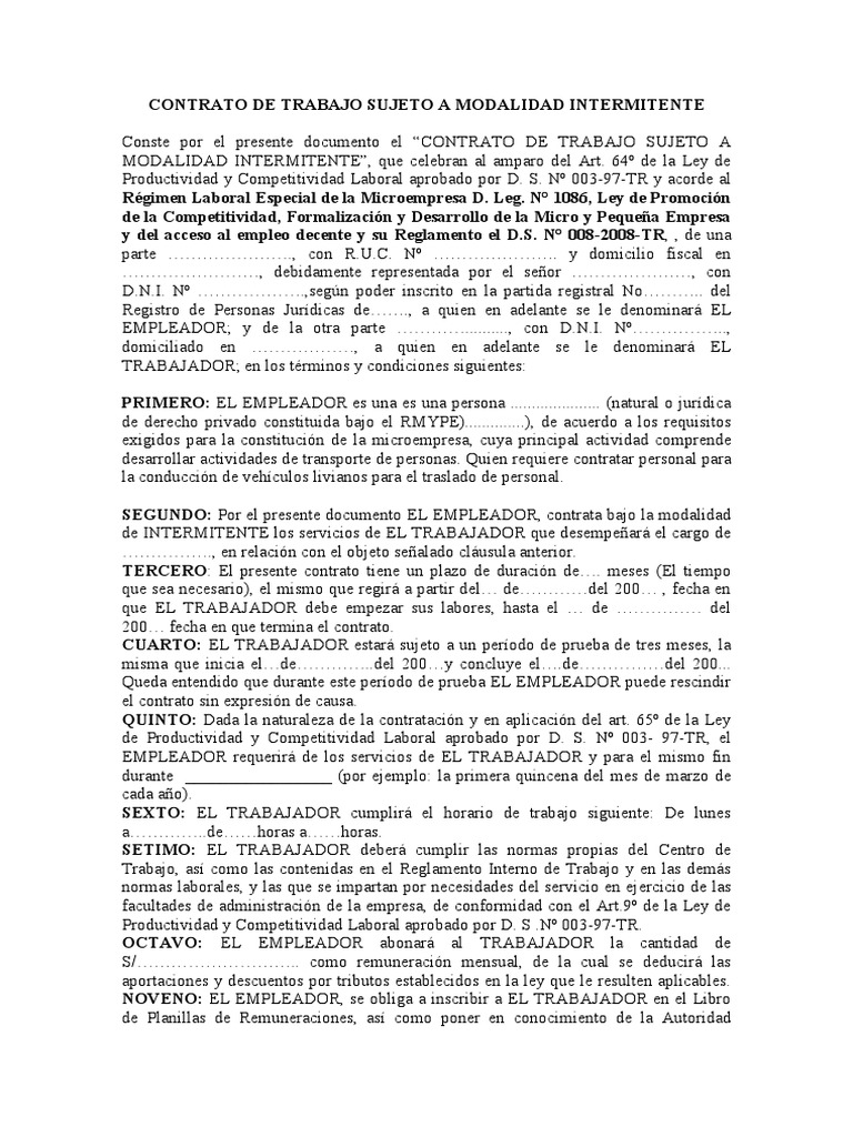 Contrato de Trabajo Sujeto A Modalidad Intermitente | PDF | Derecho laboral | Información del ...