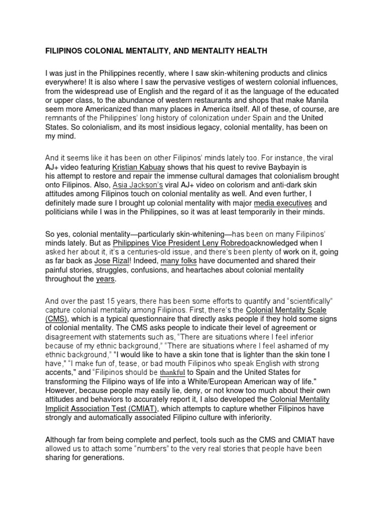 Colonial Mentality and Filipino Identity | PDF | Philippines | Colonialism