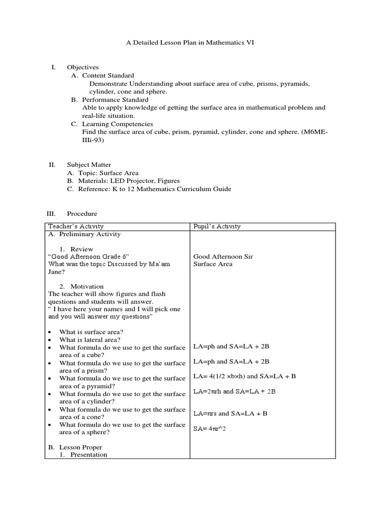 A Detailed Lesson Plan in Mathematics VI | PDF | Area | Lesson Plan