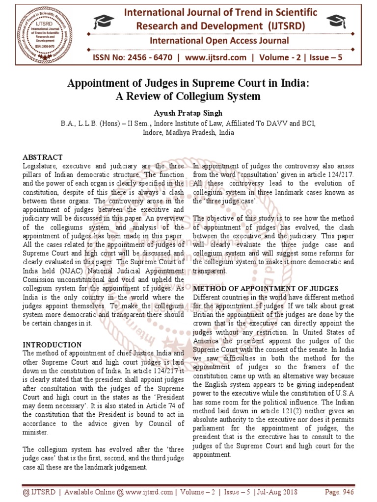 Appointment of Judges in Supreme Court in India: A Review of Collegium ...