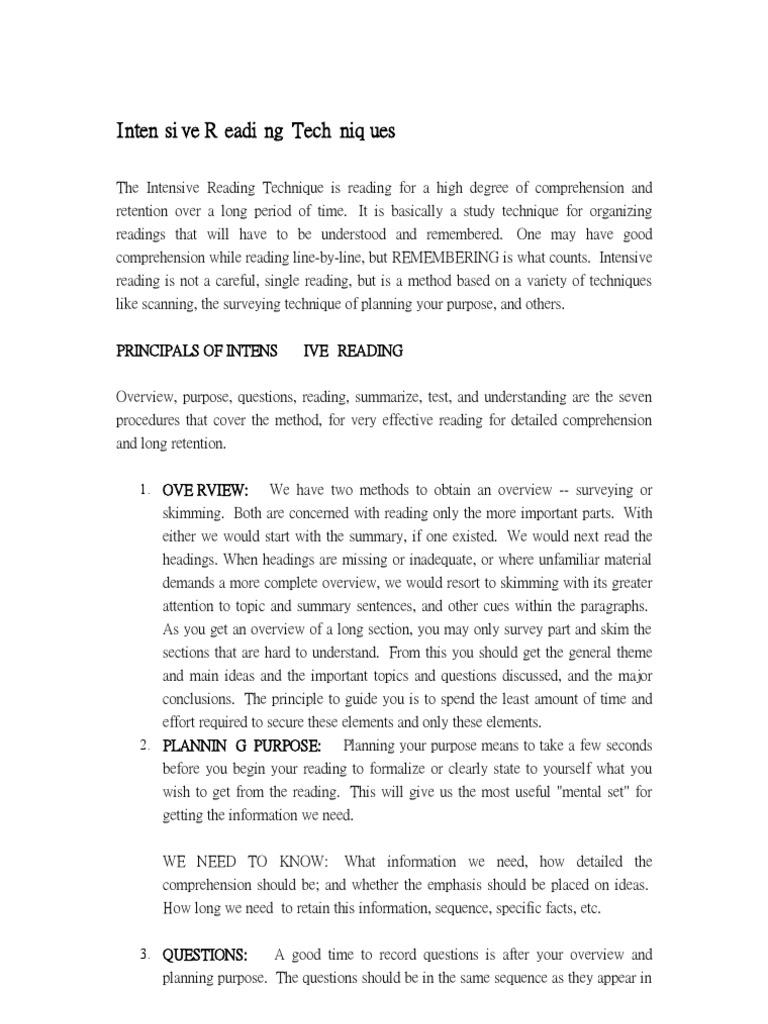 Intensive Reading Techniques Explained | PDF | Reading Comprehension ...