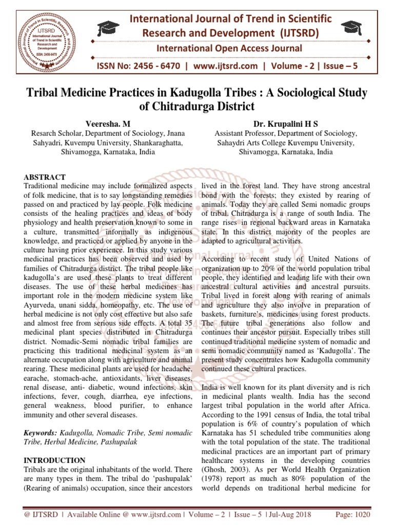 Tribal Medicine Practices in Kadugolla Tribes: A Sociological Study of Chitradurga District ...