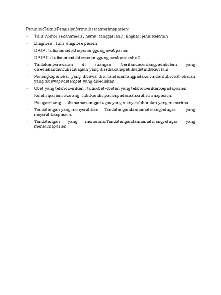 Petunjuk Teknis Pengisian Lembar Transfer Pasien Internal | PDF