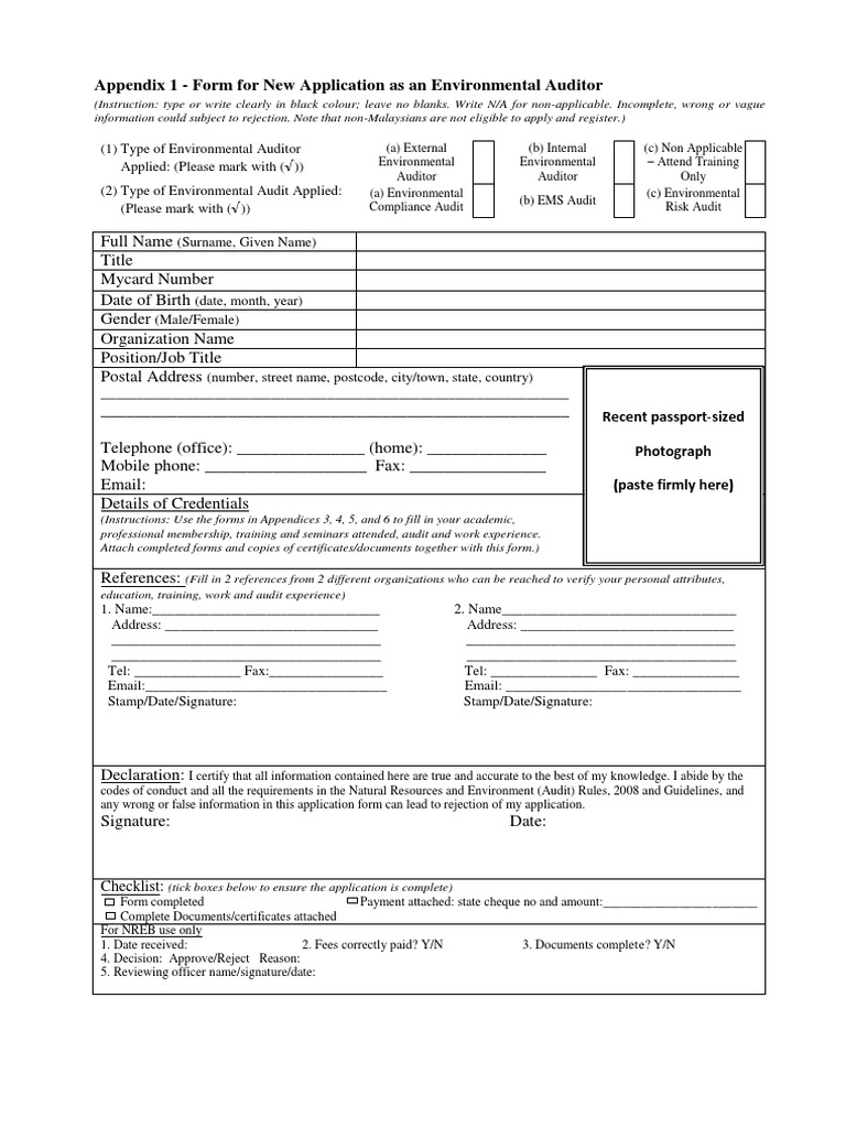 Environmental Auditor Application Form | PDF | Audit | Business