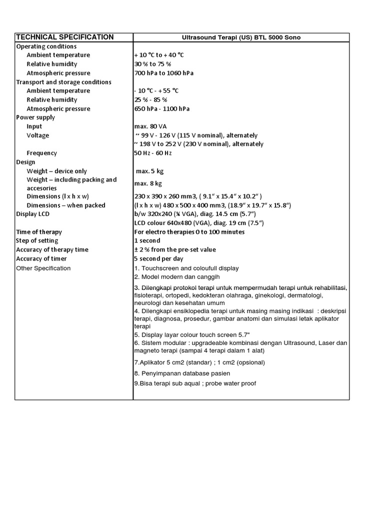 Spesifikasi Ultrasound System BTL 5000 Sono PDF | PDF | Electricity ...