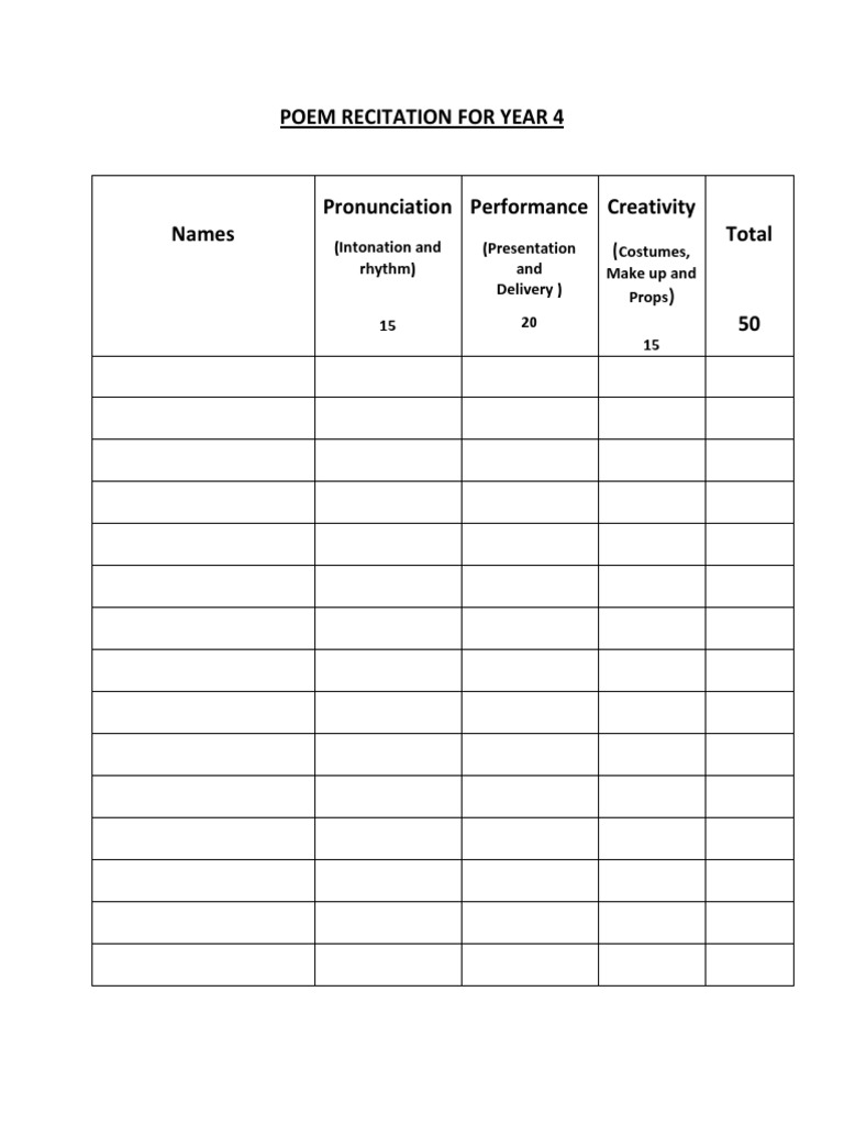 Year 4 Poem Recitation Criteria | PDF