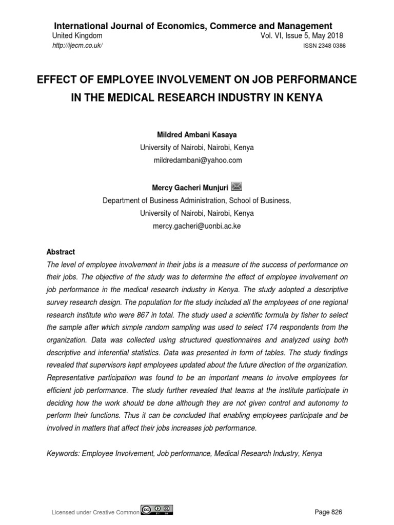 Effect of Employee Involvement On Job Performance in The Medical ...