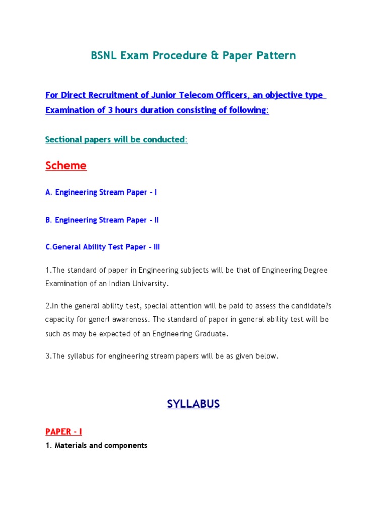 BSNL Exam Procedure & Paper Pattern: Scheme | PDF | Electronics | Mosfet