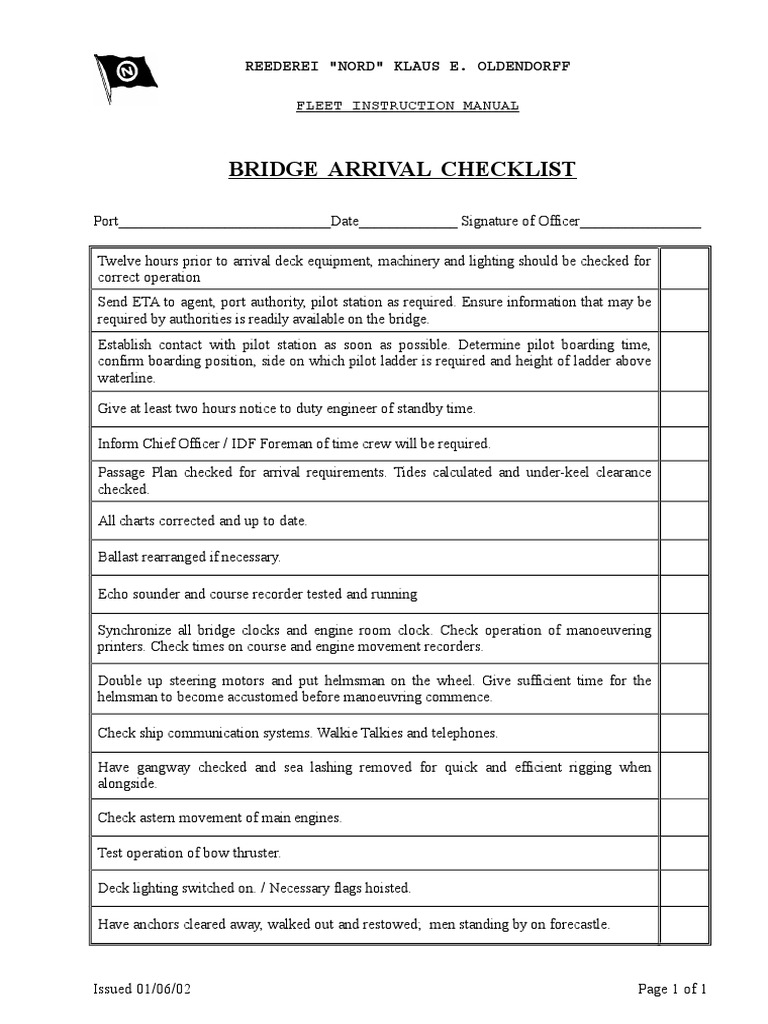 Bridge Arrival Checklist for Vessels | PDF | Technology & Engineering