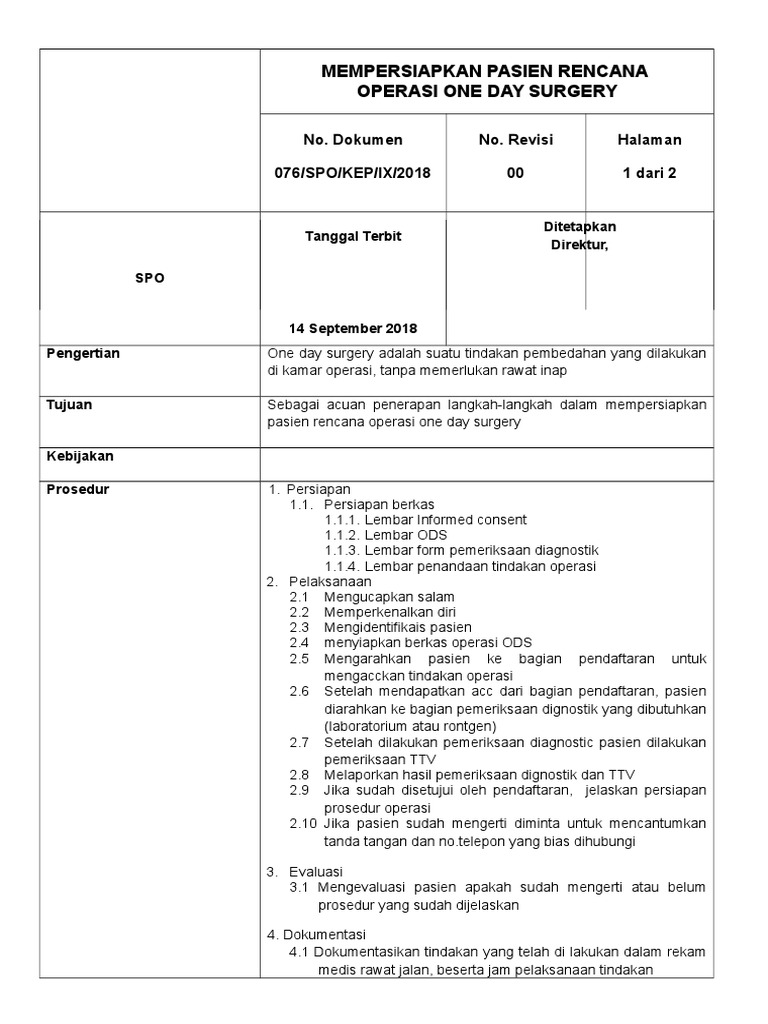 Mempersiapkan Pasien Rencana Operasi One Day Surgery | PDF
