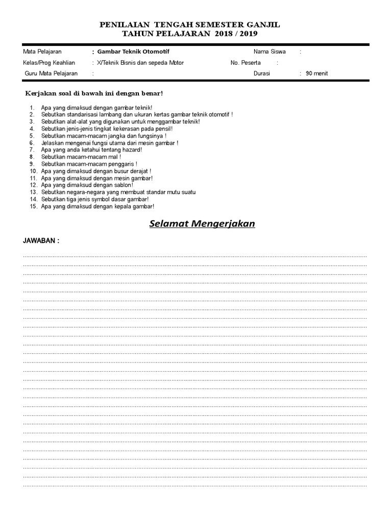 Format-Soal-Pts Gambar Teknik Otomotif X Tkro SMK | PDF