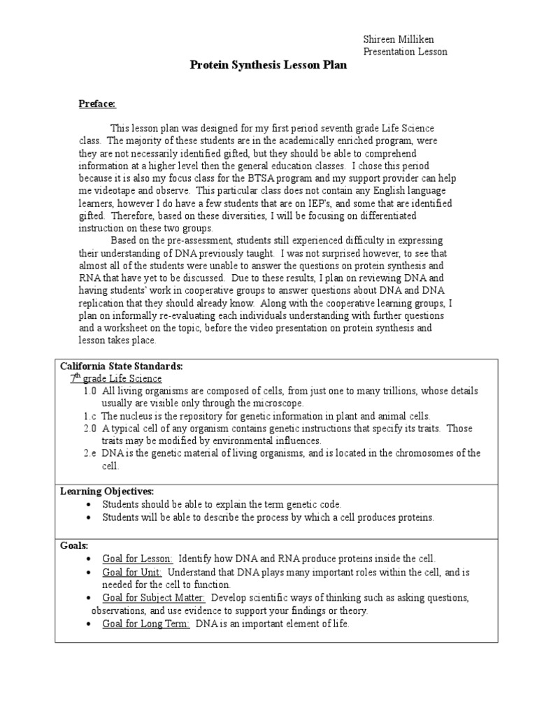 Protein Synthesis Lesson Plan: Preface | PDF | Genetic Code | Dna