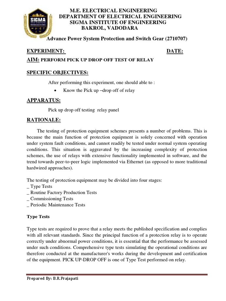 Perform Pick Up Drop Off Test of Relay: Prepared By: B.R.Prajapati ...
