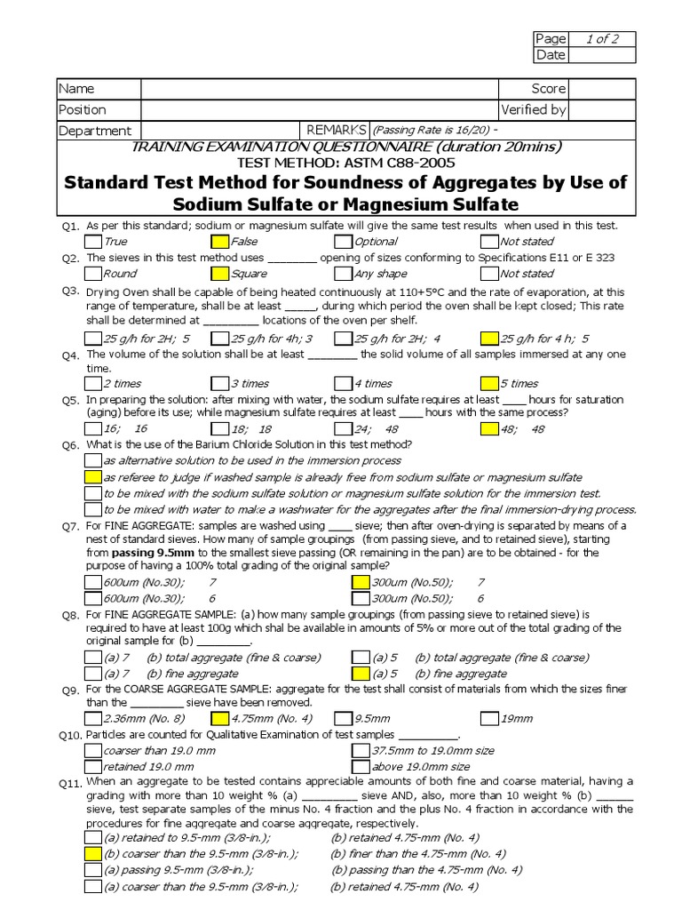 Questionnaire ASTM C88-05 | Sodium | Magnesium