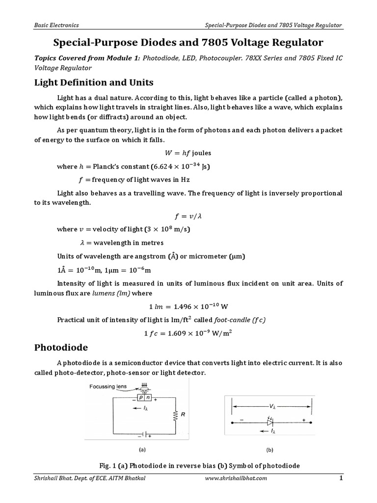 Basic Electronics (18ELN14/18ELN24) - Special-Purpose Diodes and 7805 Voltage Regulator (Module ...