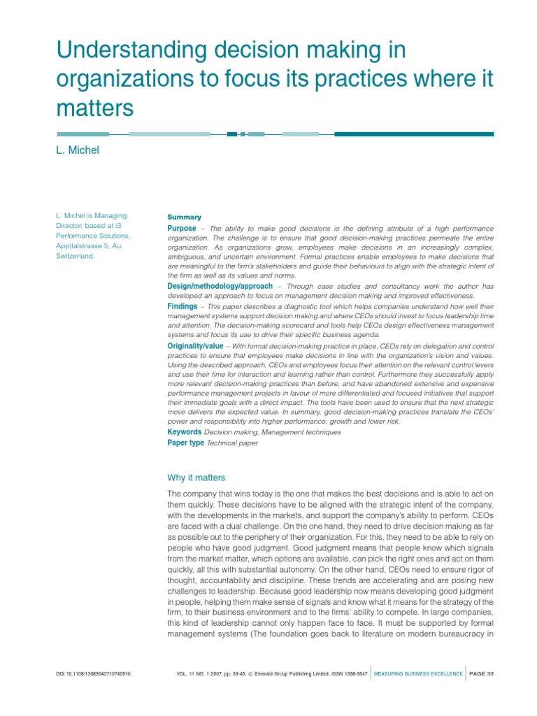 Understanding Decision Making in Organizations Inis 1 PDF | PDF ...
