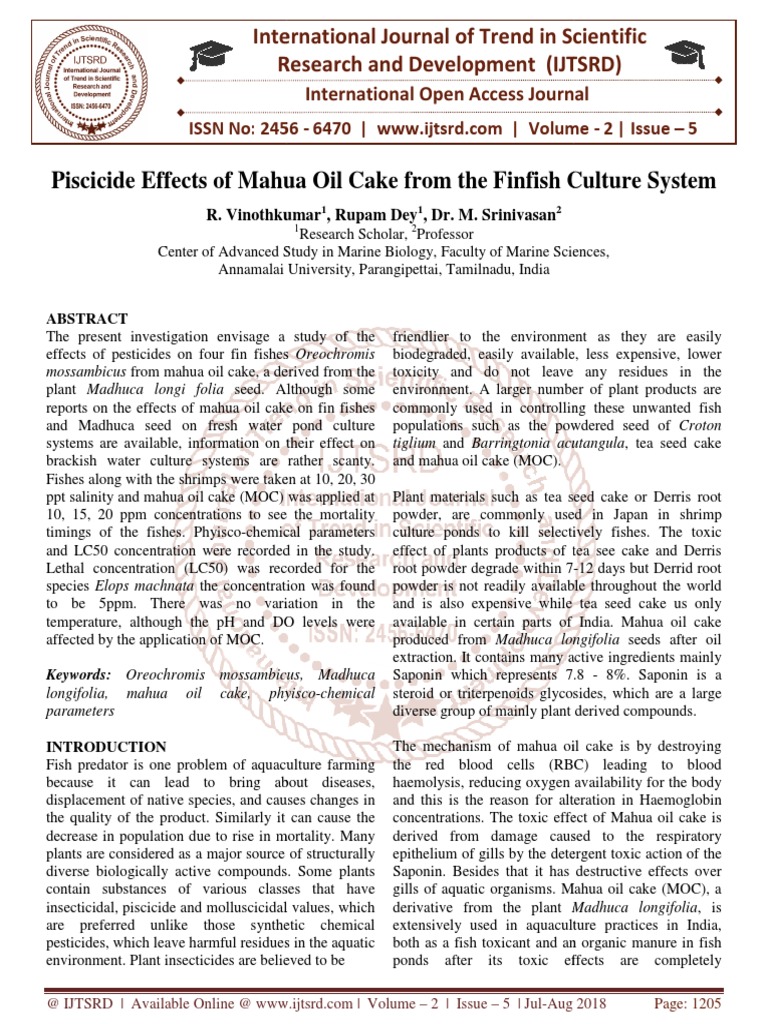Piscicide Effects of Mahua Oil Cake From The Finfish Culture System ...