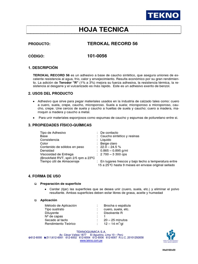 Adhesivo Terokal Record 56: Usos y Propiedades | PDF | Caucho natural ...